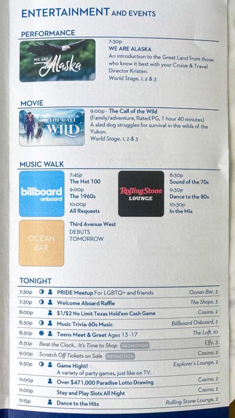 Holland America Daily Program & Onboard Activities On 7-Day Alaska Cruise