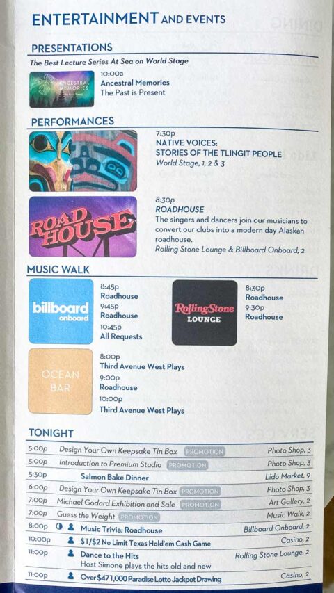 Holland America Daily Program & Onboard Activities On 7-Day Alaska Cruise