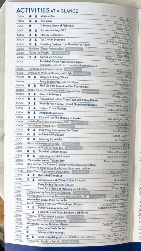 Holland America Daily Program & Onboard Activities On 7-Day Alaska Cruise