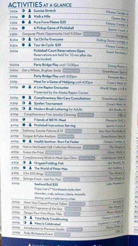 Holland America Daily Program & Onboard Activities On 7-Day Alaska Cruise